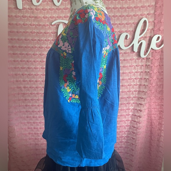 Modcloth | Tops | Retro 7s Inspired Blue Embroidered Bell Sleeve ...